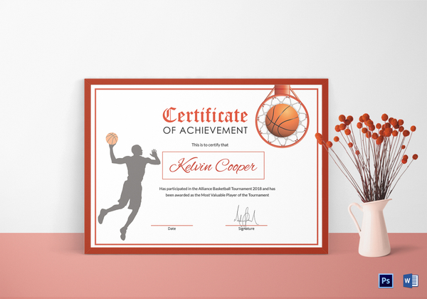 Basketball Award Achievement Certificate Design Template in Word, PSD