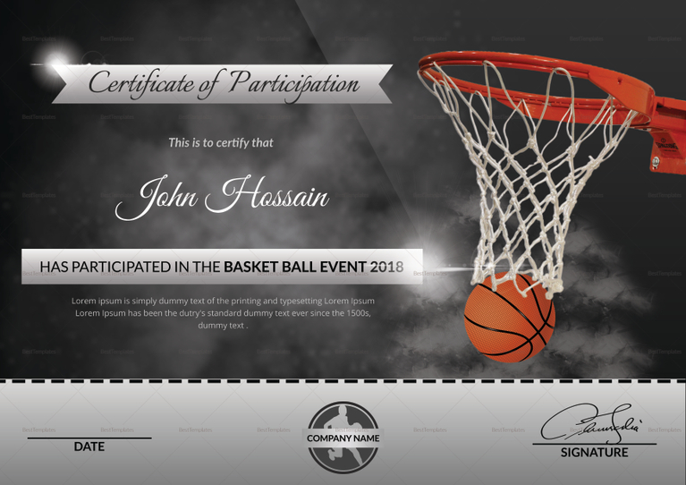 Basketball Participation Certificate Design Template in Word, PSD