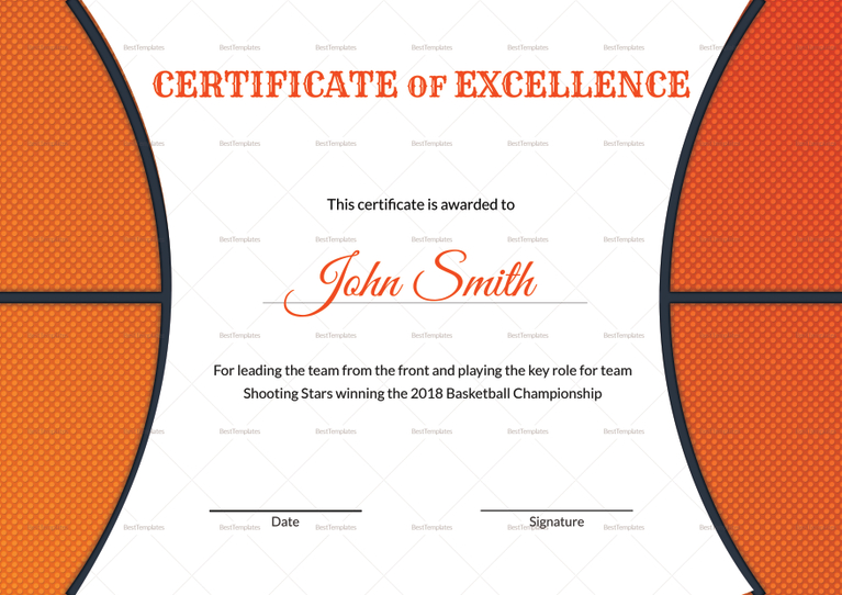 Basketball Excellence Award Certificate Design Template in PSD, Word