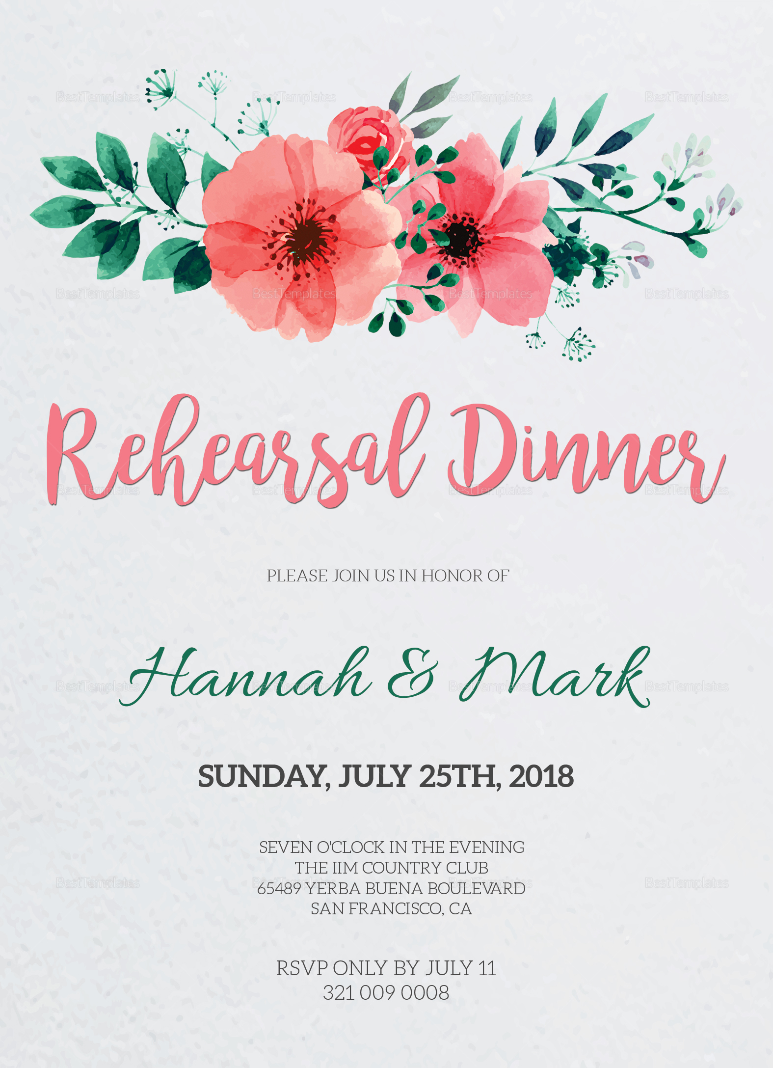Floral Rehearsal Dinner Invitation Design Template In Word PSD Publisher