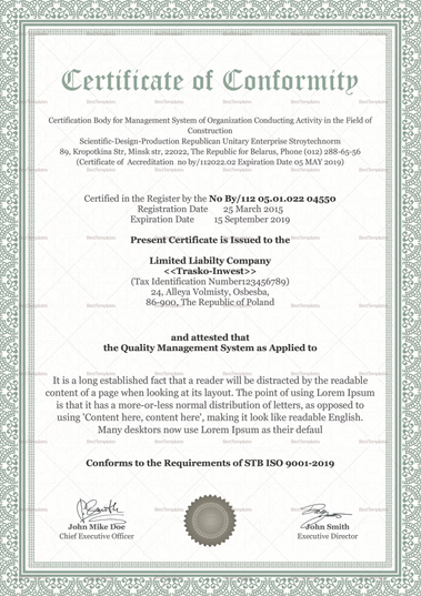 Conformity Certificate Design Template in PSD, Word