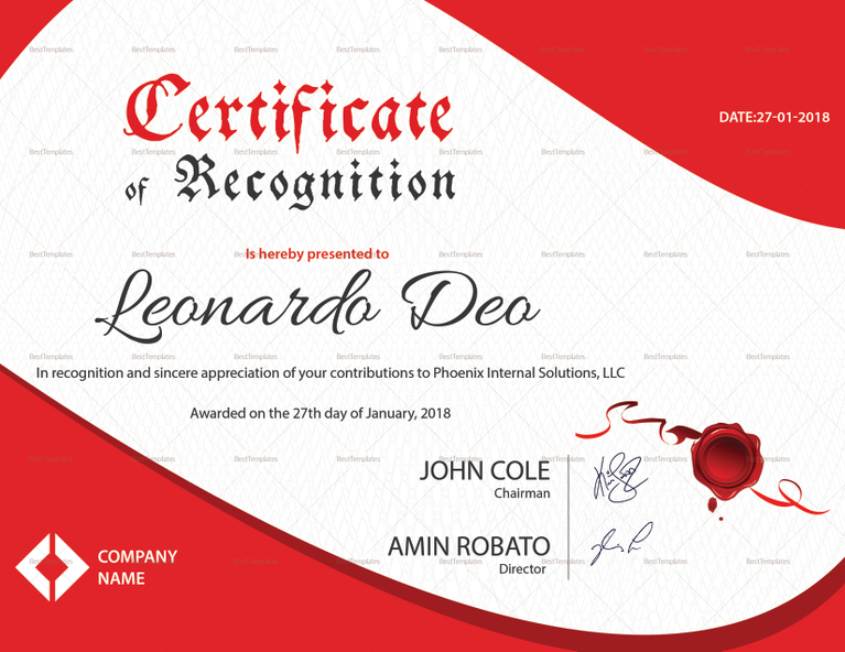 Certificate of Recognition Design Template in PSD, Word