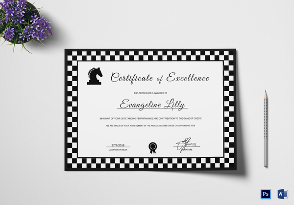 Black and White Chess Excellence Certificate Design Template in PSD, Word