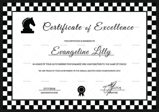 Black and White Chess Excellence Certificate Design Template in PSD, Word