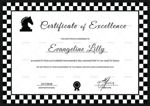Black and White Chess Excellence Certificate Design Template in PSD, Word
