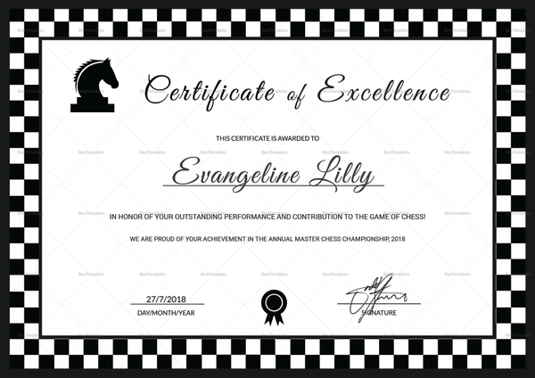 Black and White Chess Excellence Certificate Design Template in PSD, Word