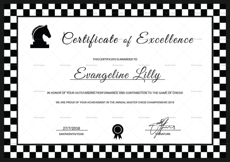 Black and White Chess Excellence Certificate Design Template in PSD, Word