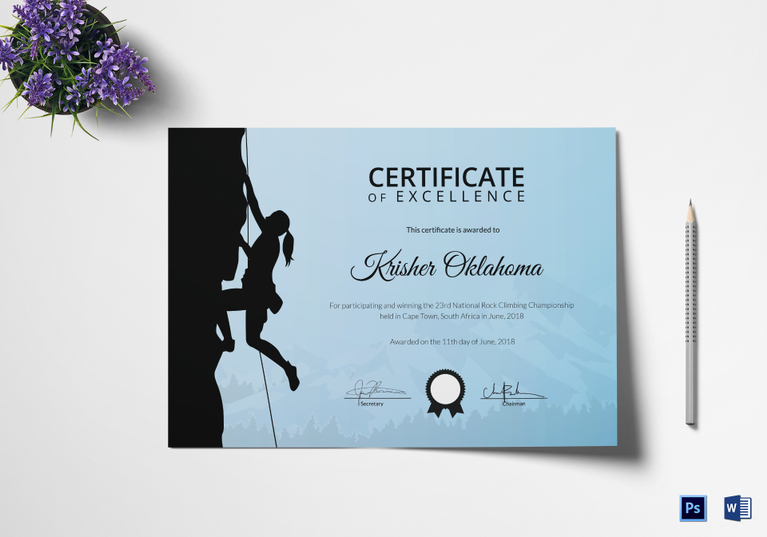 Rock Climbing Training Certificate Design Template in PSD, Word