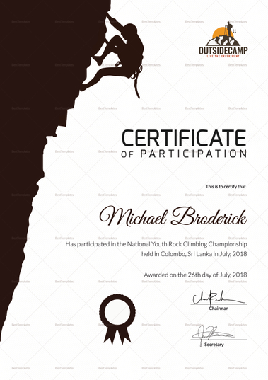 Hard Rock Climbing Participation Certificate Design Template in PSD, Word