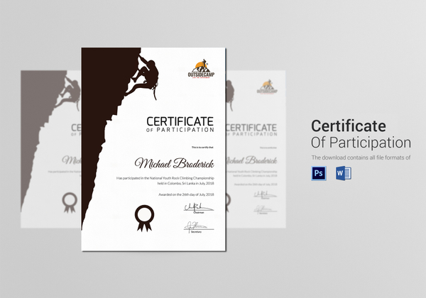 Hard Rock Climbing Participation Certificate Design Template in PSD, Word