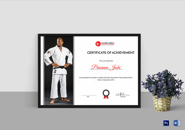 Judo Achievement Certificate Design Template in PSD, Word