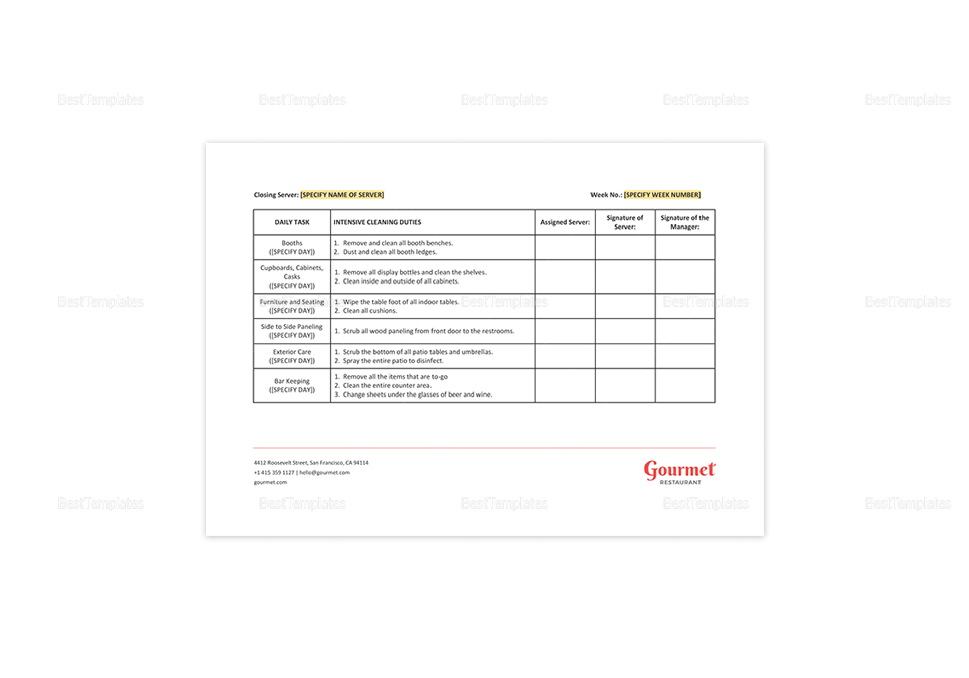 Restaurant Server Sidework Checklist Template In MS Word Pages
