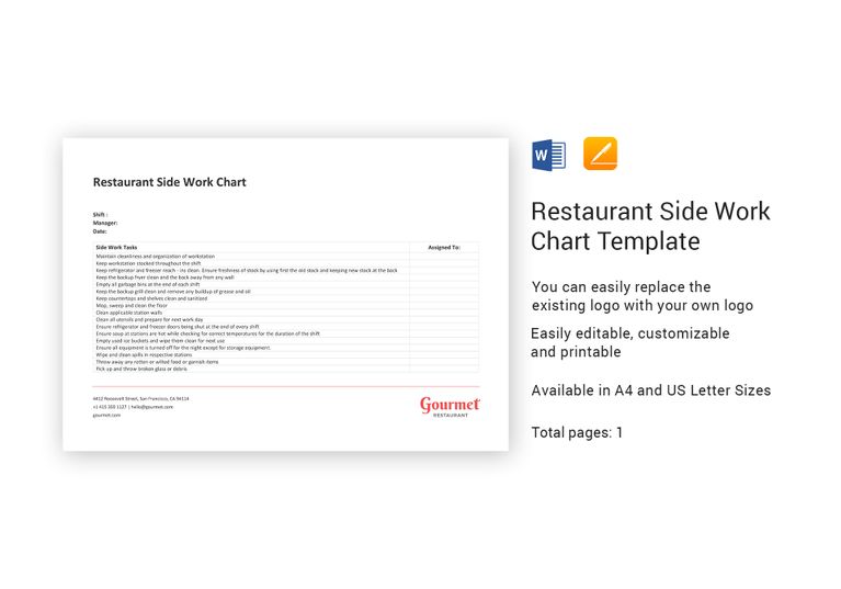 Restaurant Side Work Chart Template in Word, Apple Pages