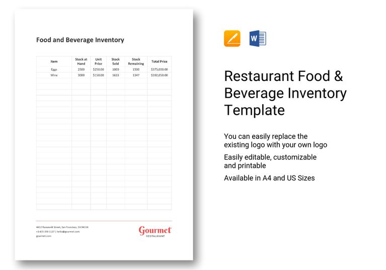 Restaurant Food & Beverage Inventory Template in Word, Apple Pages
