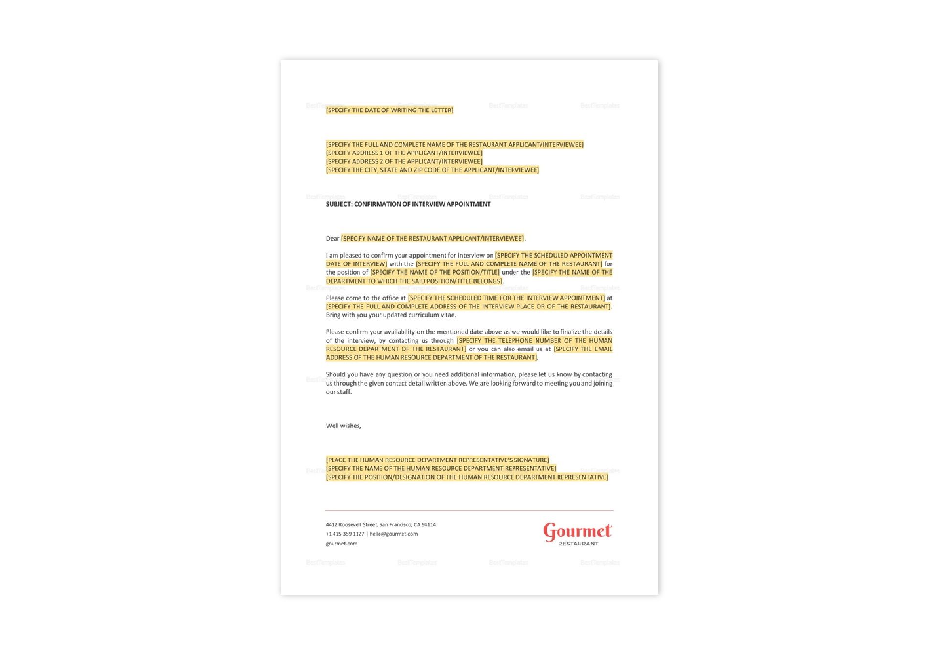 Restaurant Confirmation Of Interview Appointment Letter Template In