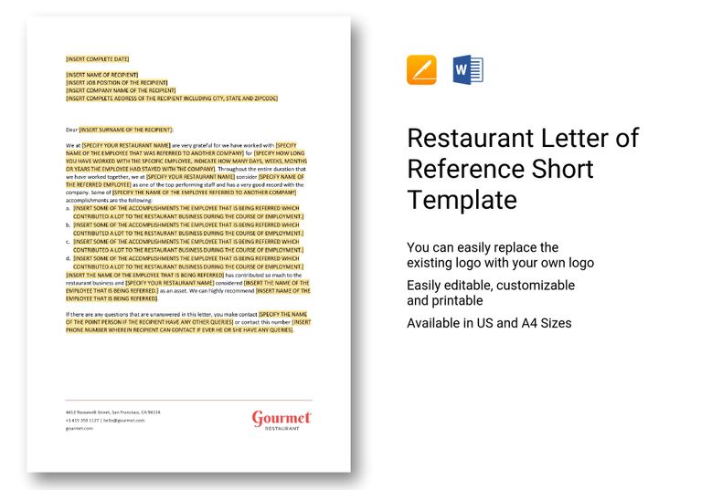 Restaurant Letter of Reference Short Template in Word, Apple Pages