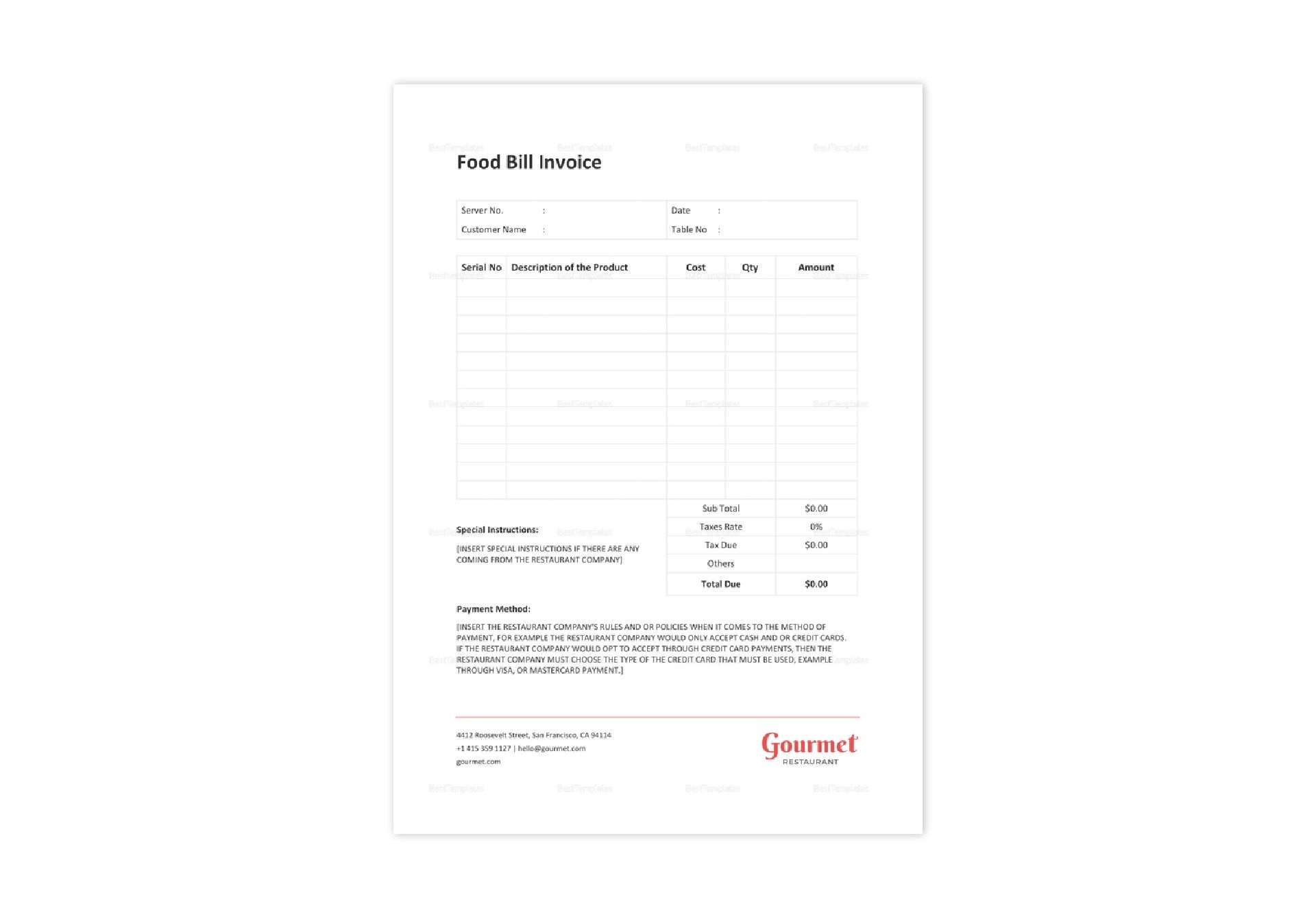 Restaurant Food Bill Invoice Template In Word Excel Apple Pages Numbers