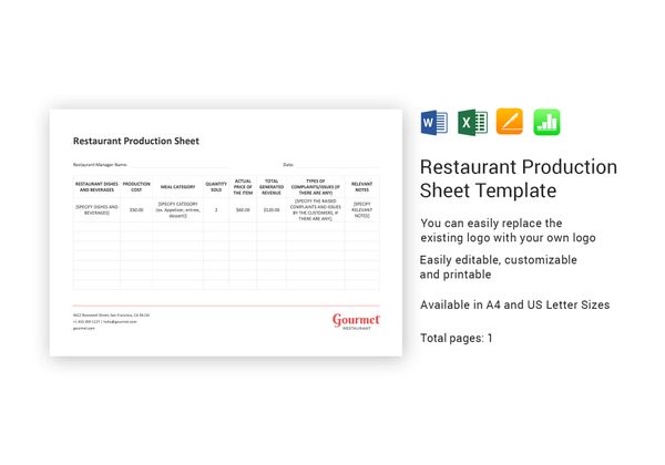 Restaurant Production Sheet Template in Word, Excel, Apple Pages, Numbers
