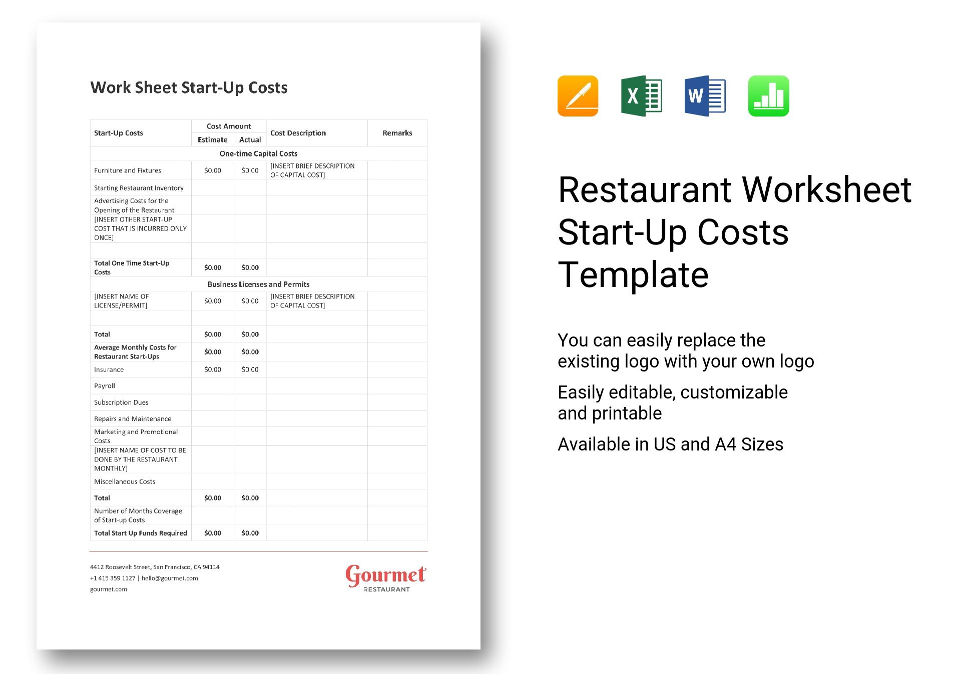 Restaurant Worksheet Start Up Costs Template In Word Excel Apple Restaurant Worksheet Start Up Costs Template In Word Excel Apple