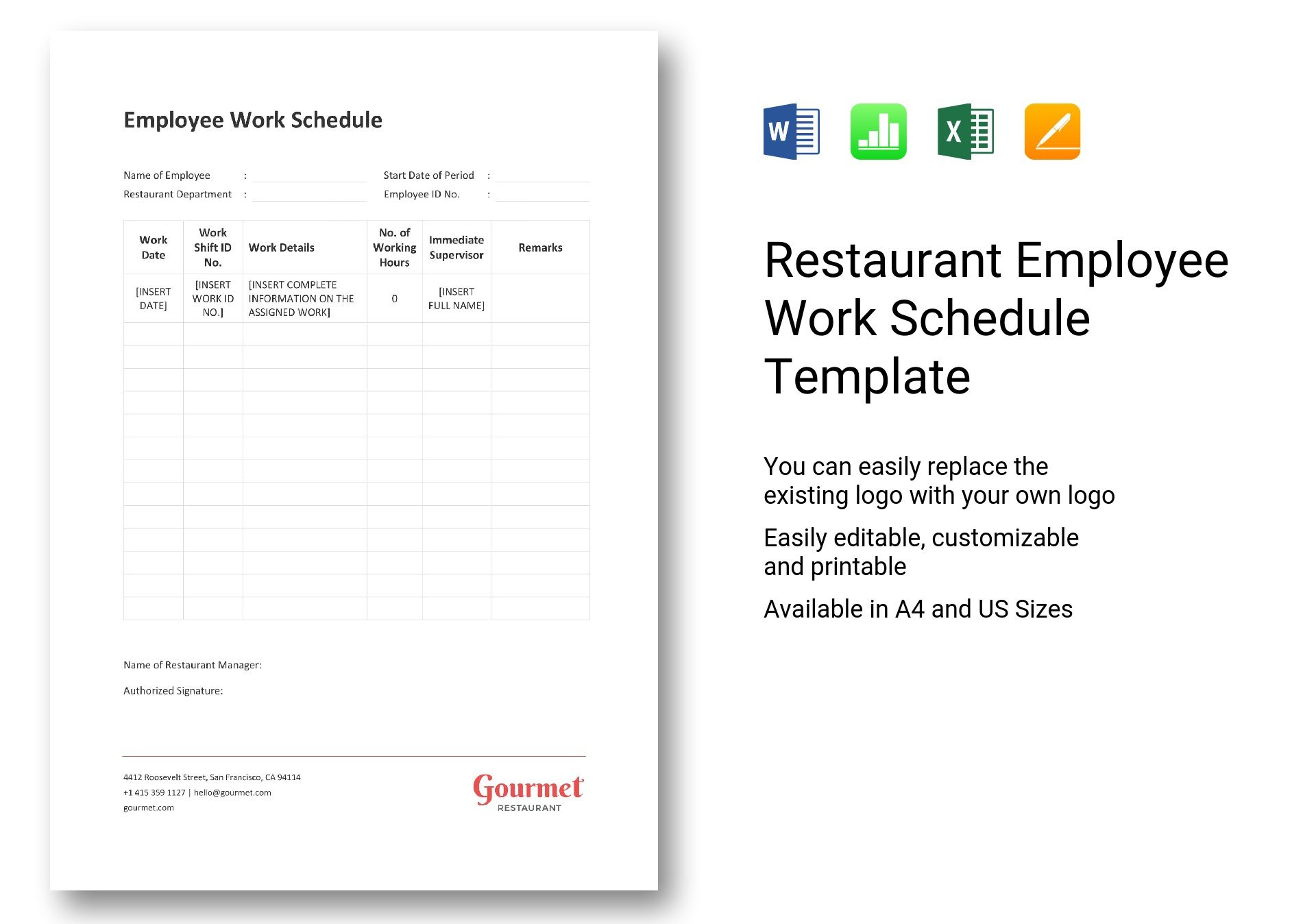 Restaurant Employee Work Schedule Template In Word Excel Apple Pages