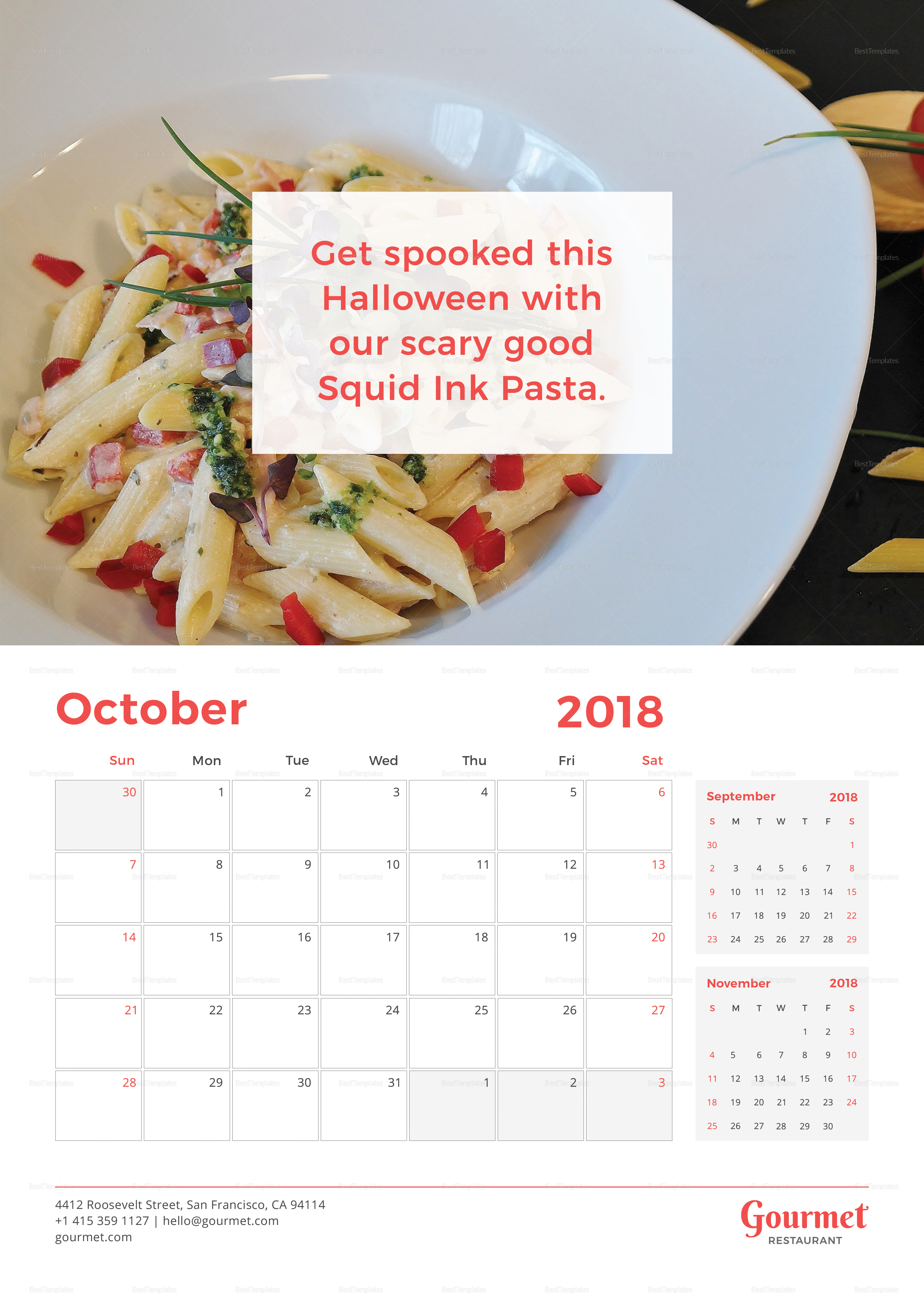 Restaurant Wall Calendar Template in PSD, Illustrator, InDesign, Apple ...