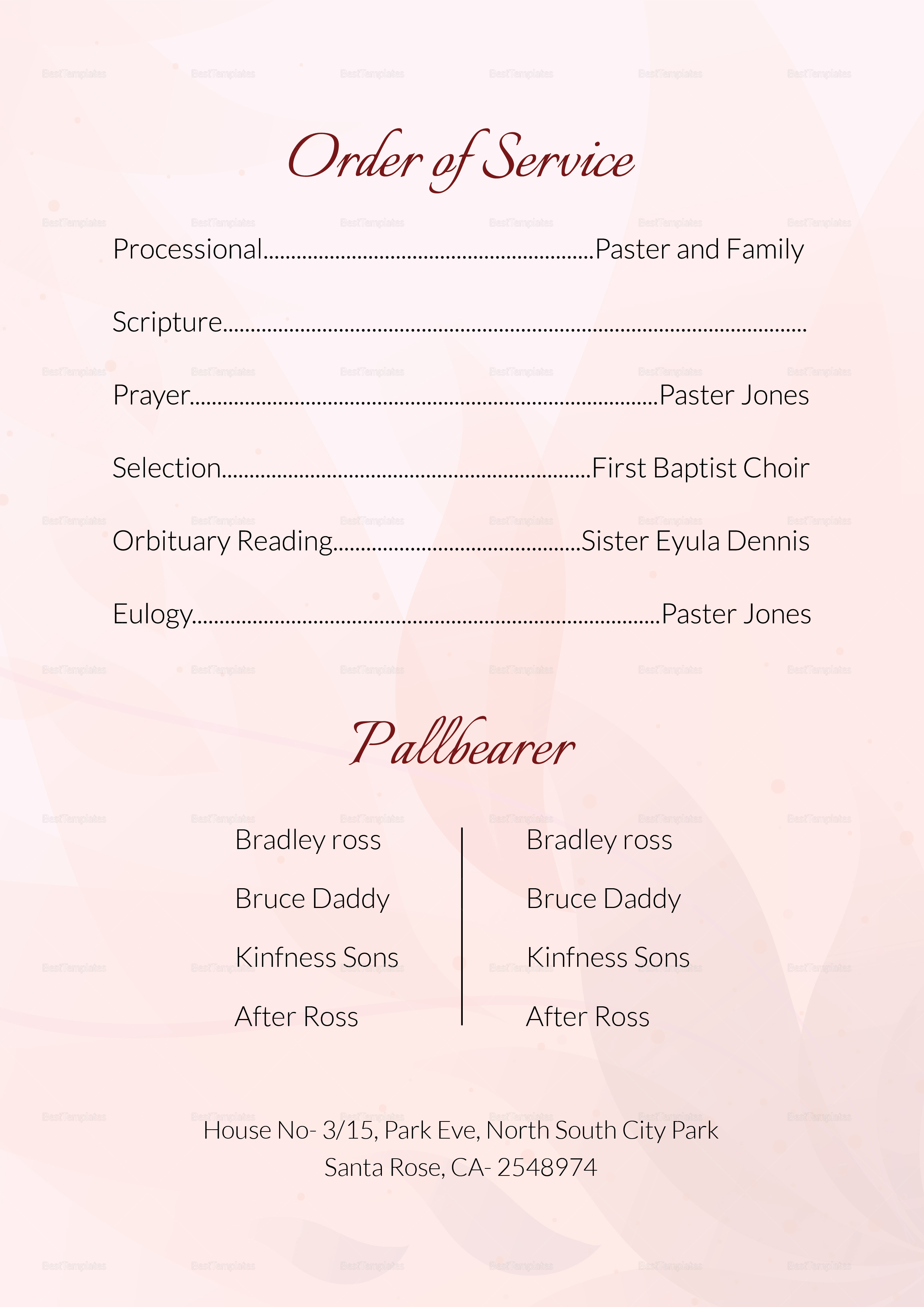Sample Funeral Order Of Service Funeral Order Of Service