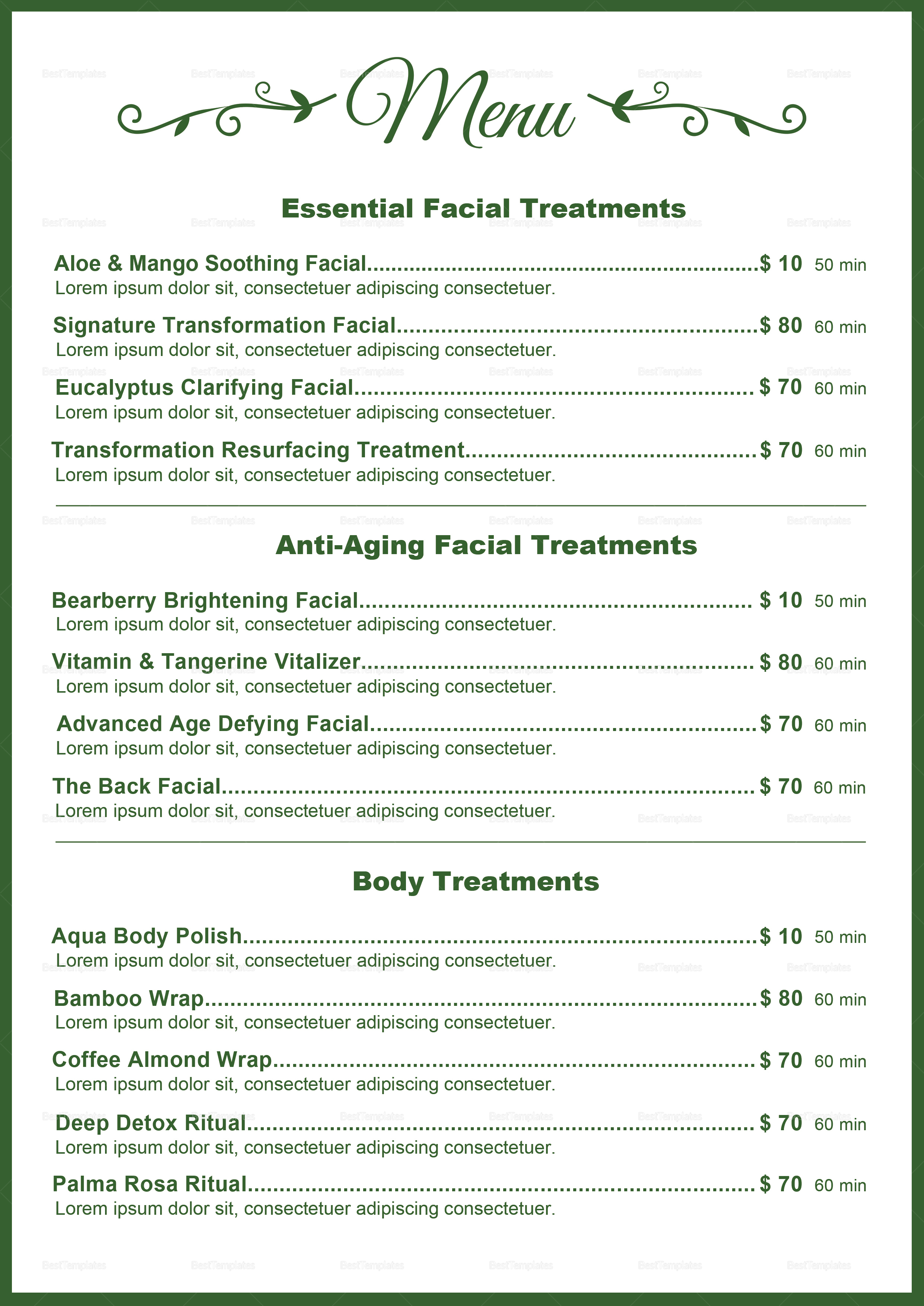 Spa Menu Templates Free Printable Spa Trifold Pamphlet Template
