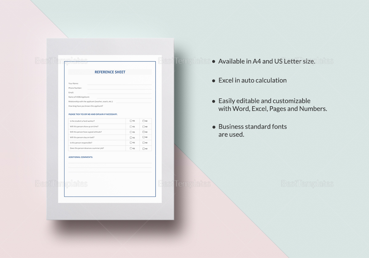 Reference Sheet Template in Word, Excel, Apple Pages, Numbers
