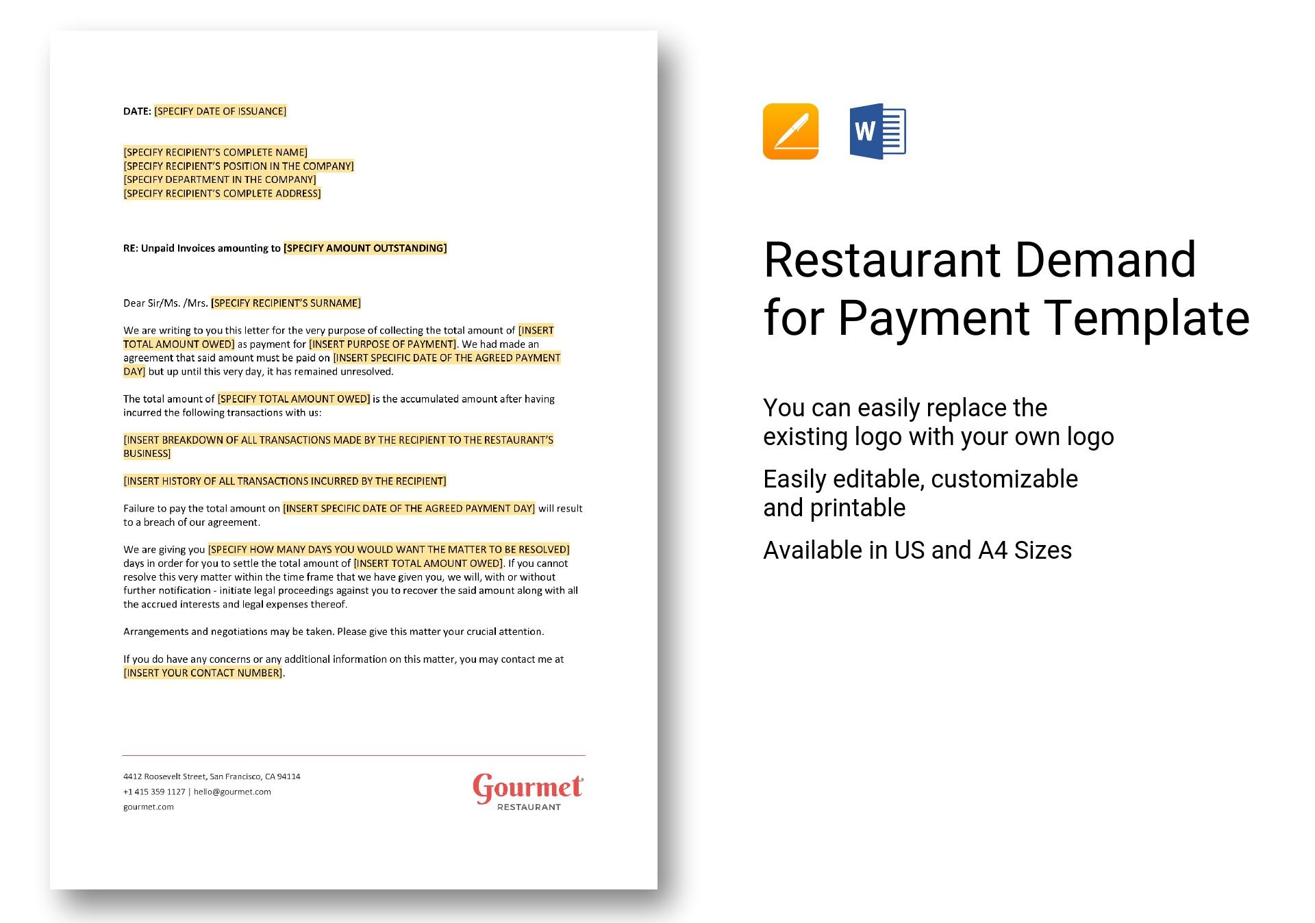 Restaurant Demand for Payment Template - Best Templates