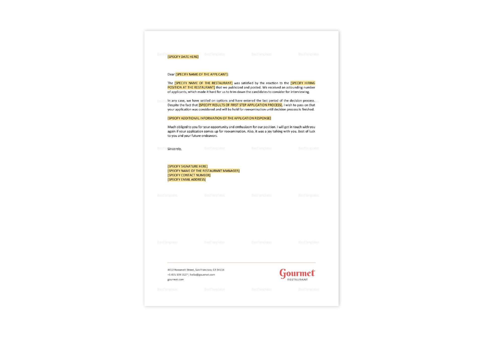 Restaurant Application Response Letter Template - Best Templates